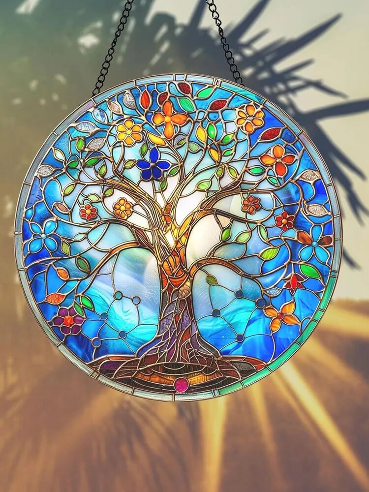 Витражная подвеска Дерево жизни 20 см, декоративный ловец солнца для интерьера и улицы