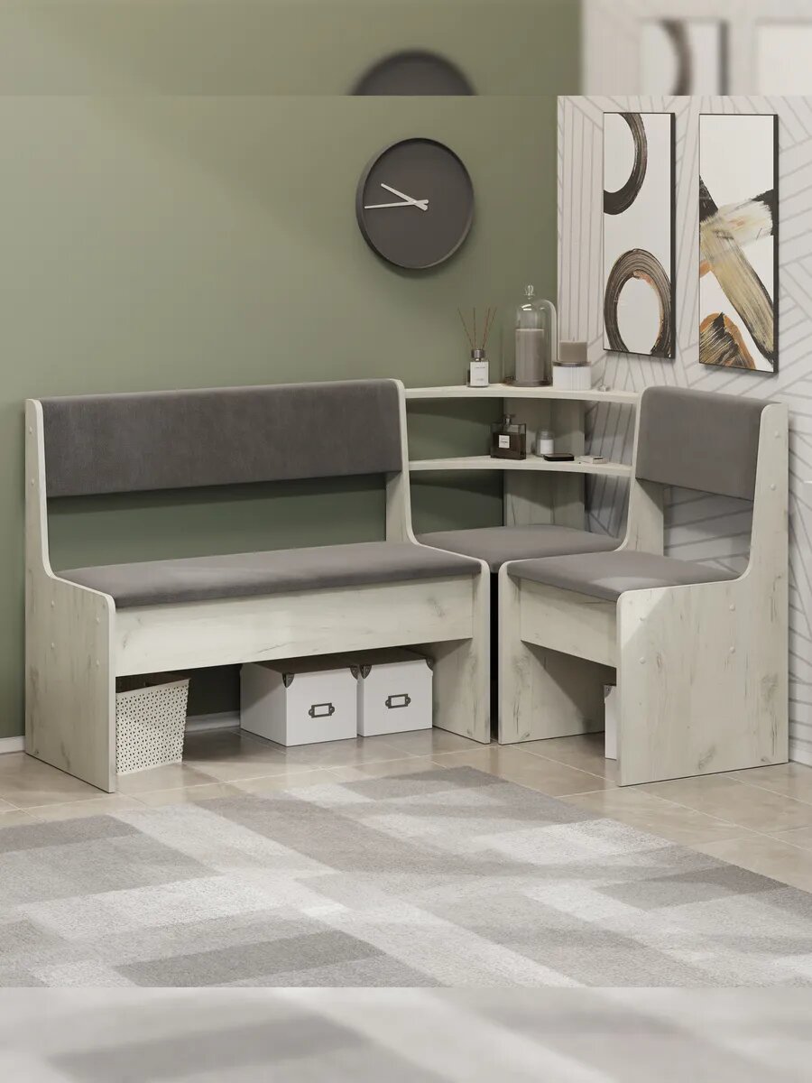 Скамья угловая Ларго, диван кухонный (Дуб крафт белый/Велюр серый)