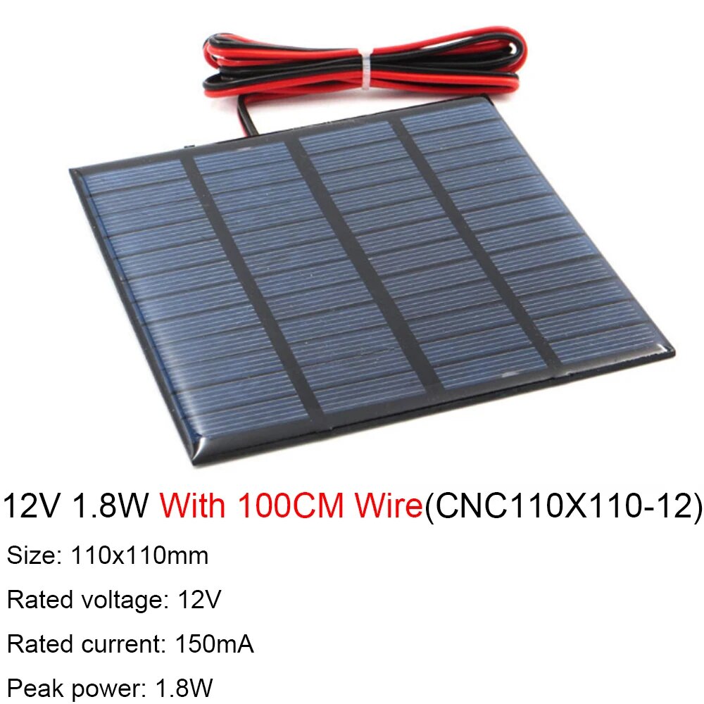 Солнечная панель 12V 1.8W 110x110mm с проводом 100см