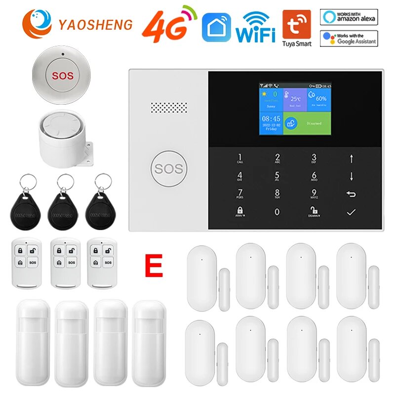 Система охранной сигнализации 4G для дома Wi-Fi Alarme Residencial Wireless Home Alarm для Tuya Smart Life с датчиком двери, совместимая с Alexa-E