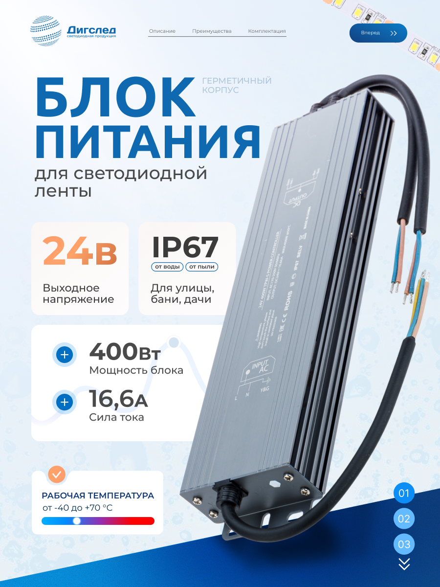 Блок питания 24В / 400Вт для LED-ленты, светодиодной ленты, люстры, лампы, модулей, драйвер 24V /400W, IP67 DIGSLED
