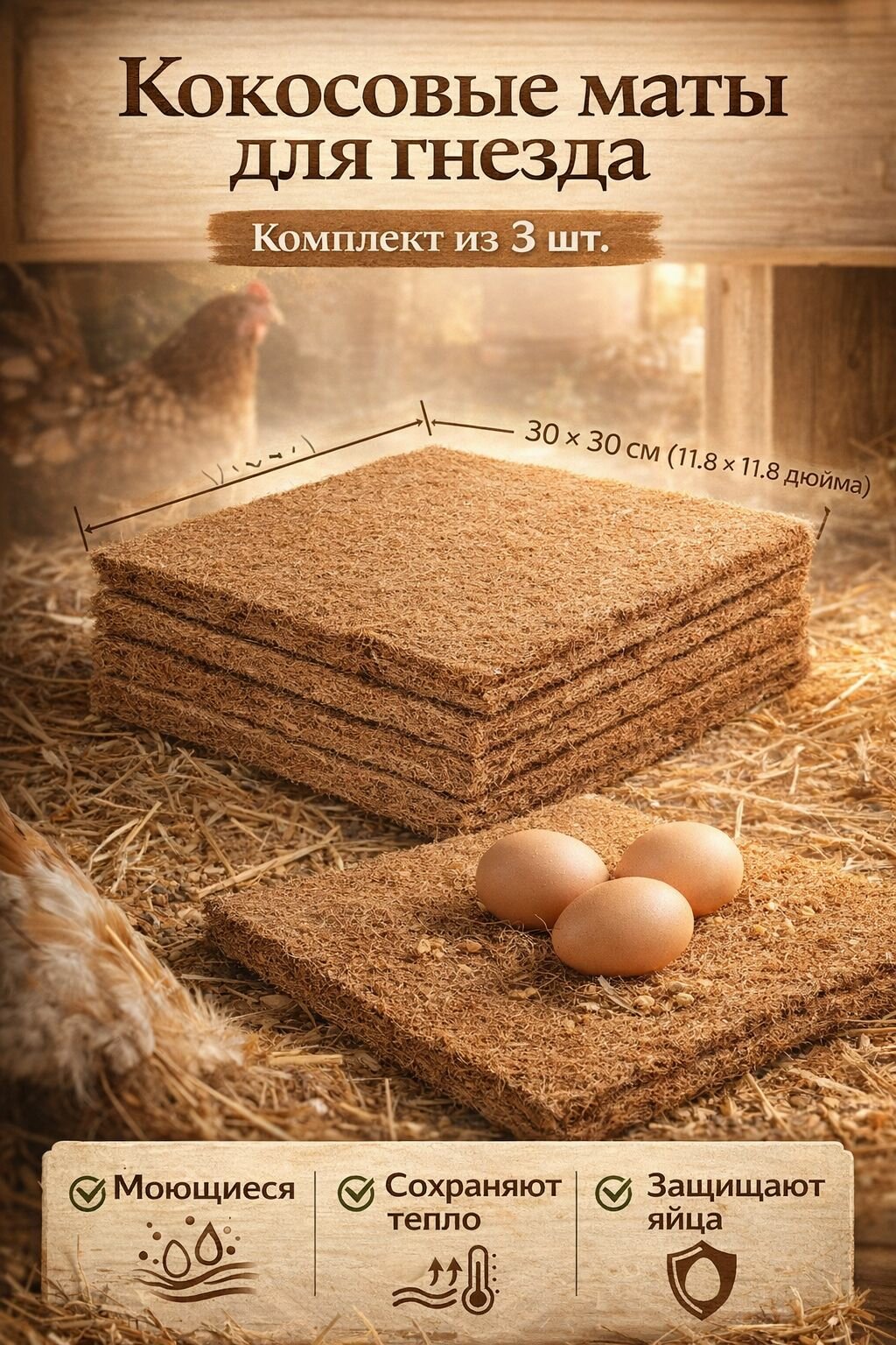 Кокосовые маты для гнезда кур 30*30 см, комплект 3 шт, натуральная подстилка для несушек, моющиеся, сохраняют тепло, защита яиц, для курятника