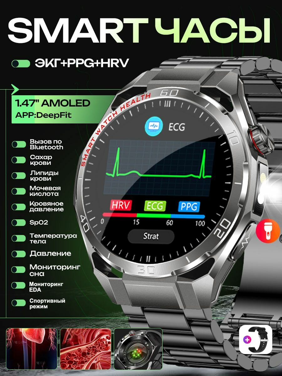 Умные часы с экг и измерением давления, PPG, с AMOLED экраном, фитнес браслет женский с измерением сахара в крови,