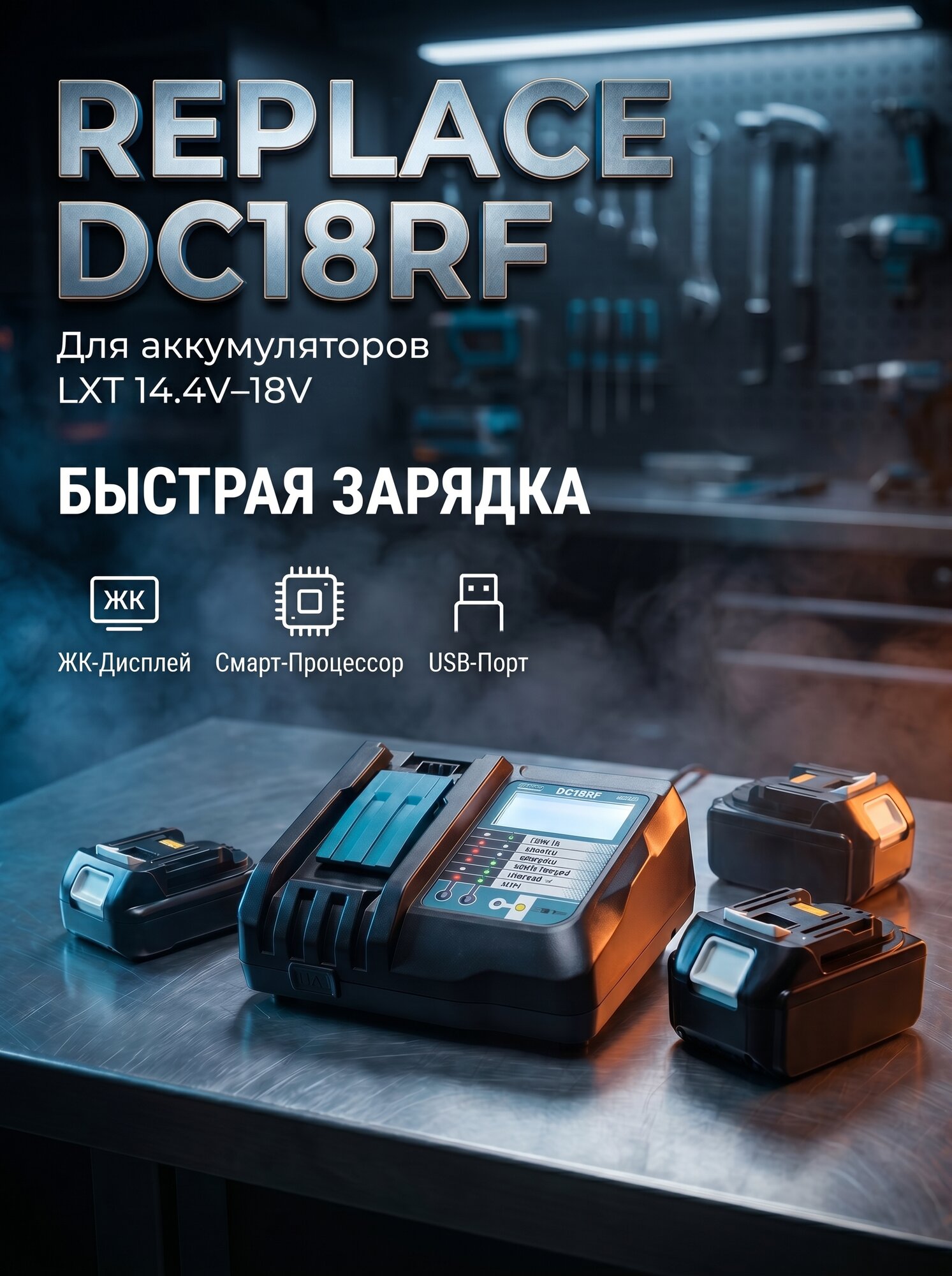 Зарядное устройство Replace DC18RF, для аккумуляторов, с ЖК дисплеем, быстрая зарядка