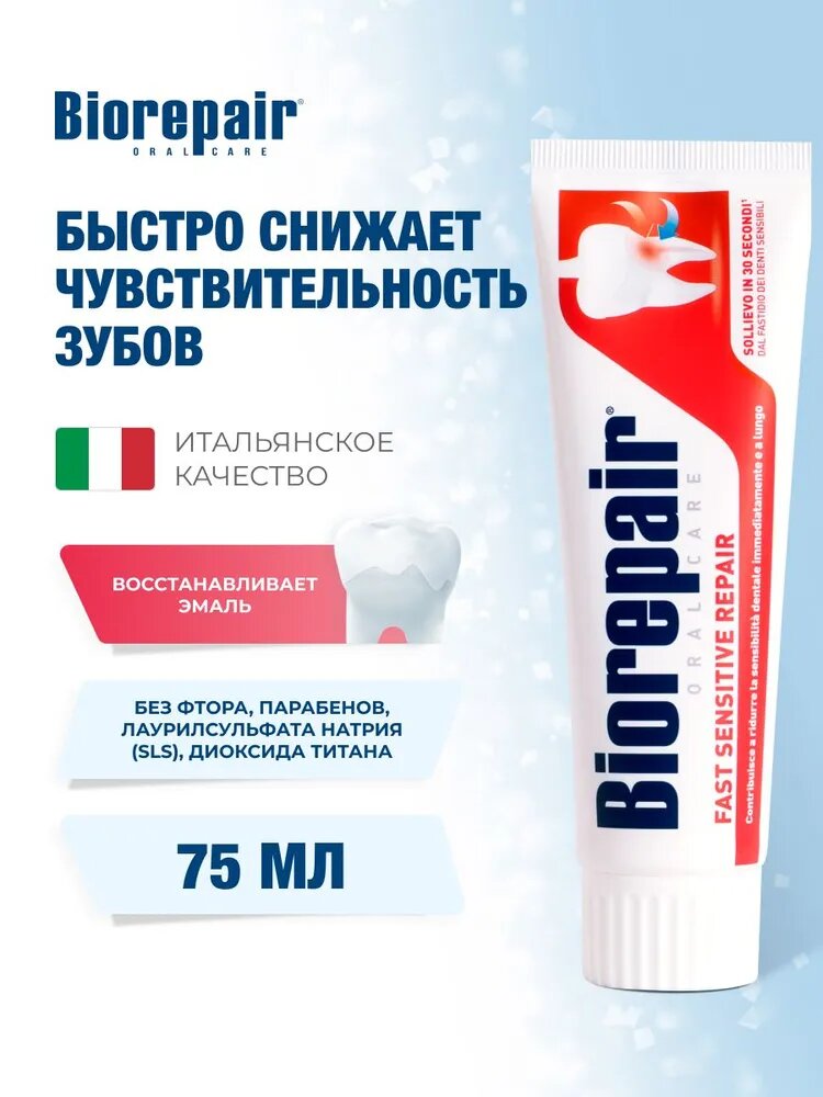 Зубная паста для чувствительных зубов Biorepair Fast Sensitive Repair, 75 мл, 2 шт