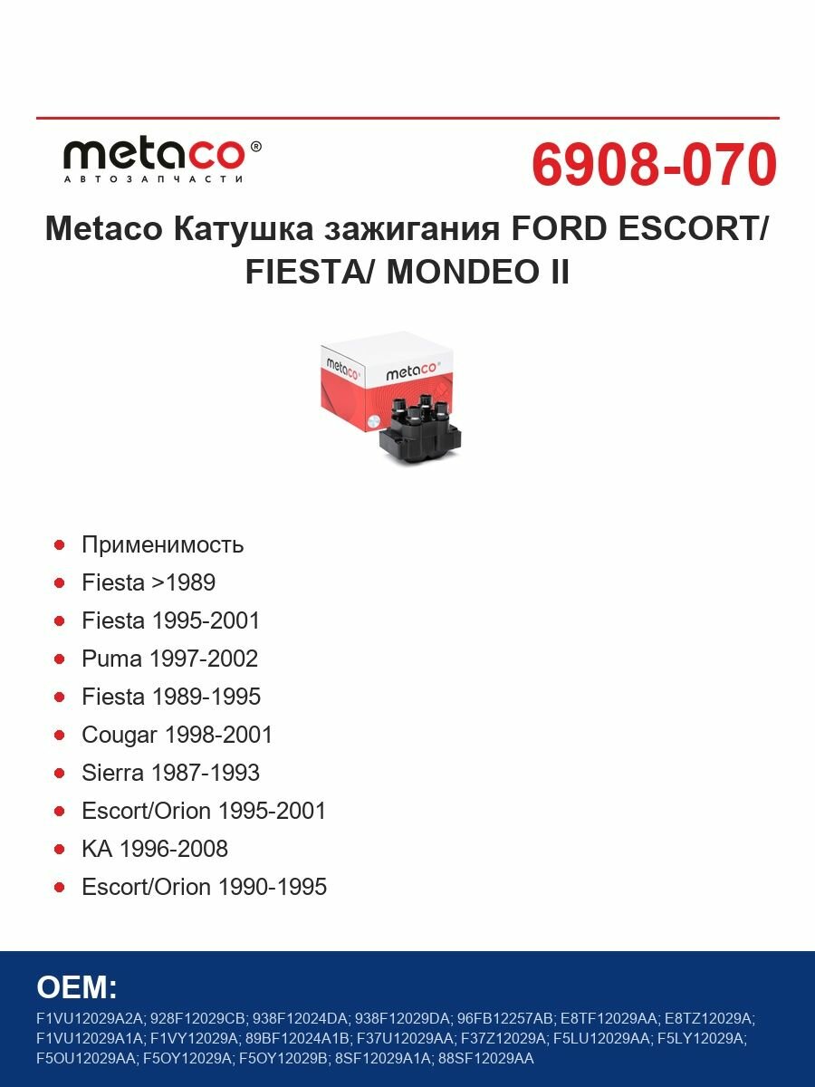 Metaco Катушка зажигания FORD ESCORT/ FIESTA/ MONDEO II