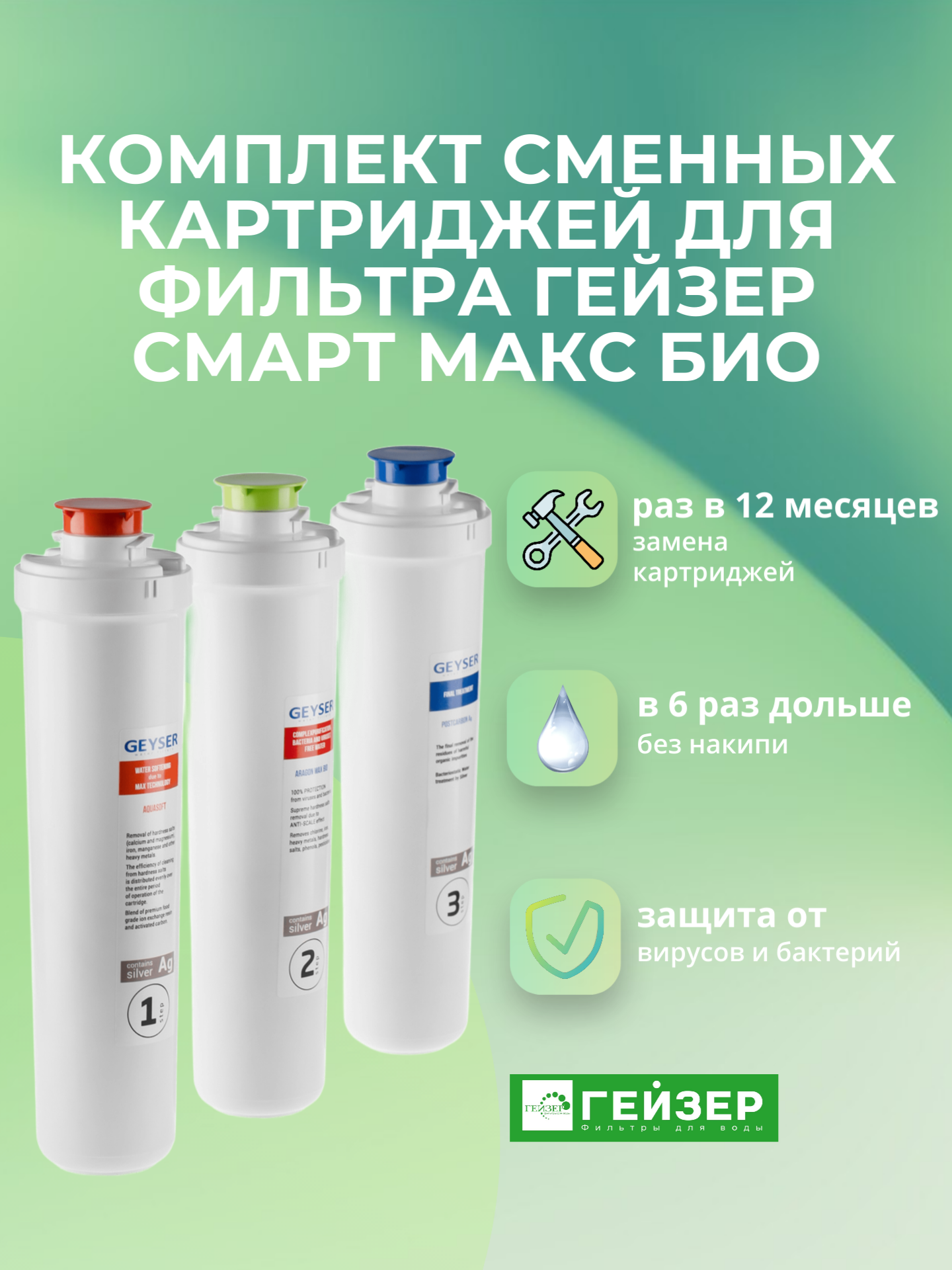 Комплект сменных картриджей для фильтра Гейзер Смарт Макс Био Артикул: 50108