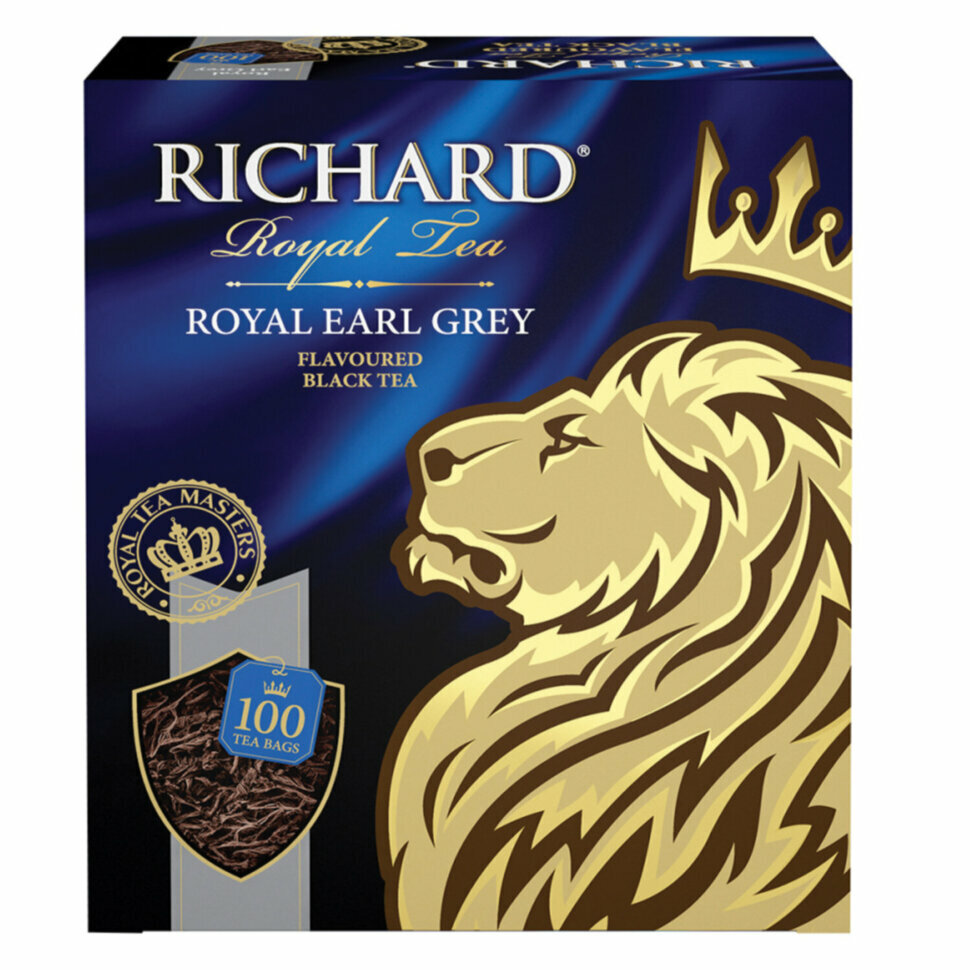Чай RICHARD "Royal Earl Grey" черный цейлонский с бергамотом, 100 пакетиков по 2 г, 610250, 622172