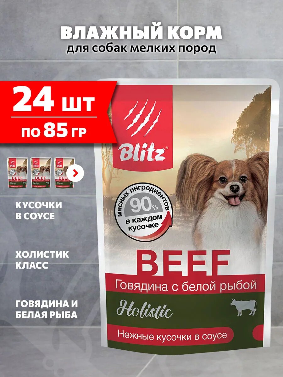 Корм влажный Blitz Holistic Beef для взрослых собак мелких пород, говядина и белая рыба в соусе, 85 г х 24 шт