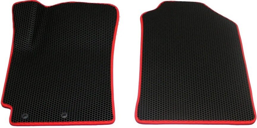 2 передних EVA/ЭВА коврики для MAZDA 3, Мазда 3, кузов BK, 2003-2008 г. в, с 3Д лапой, износостойкие, черные соты с красным кантом