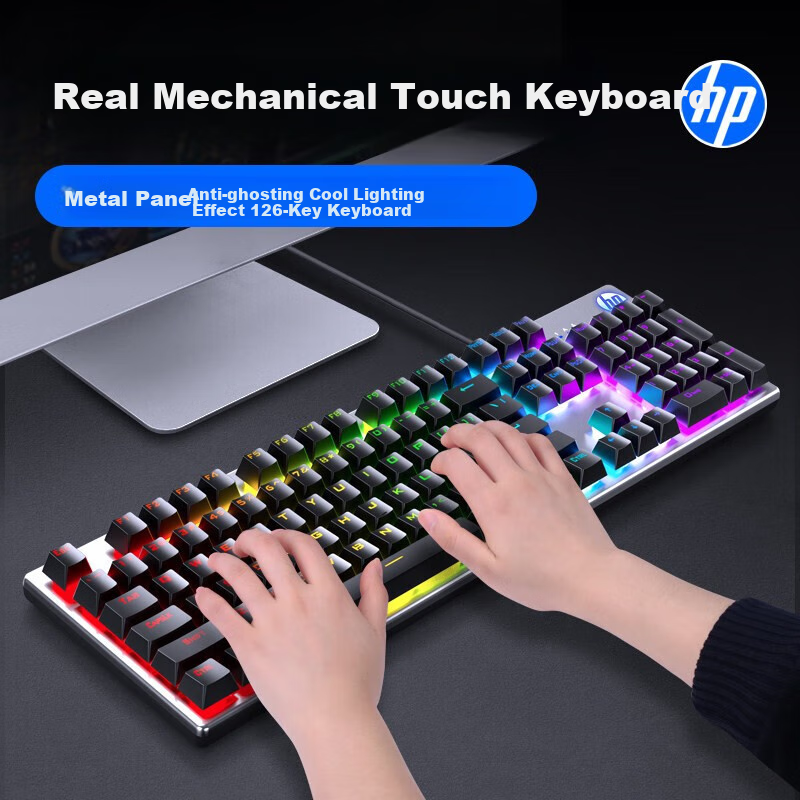 HP K500Y Механическая игровая клавиатура с черными подсвеченными квадратными клавишами, проводная для офиса и