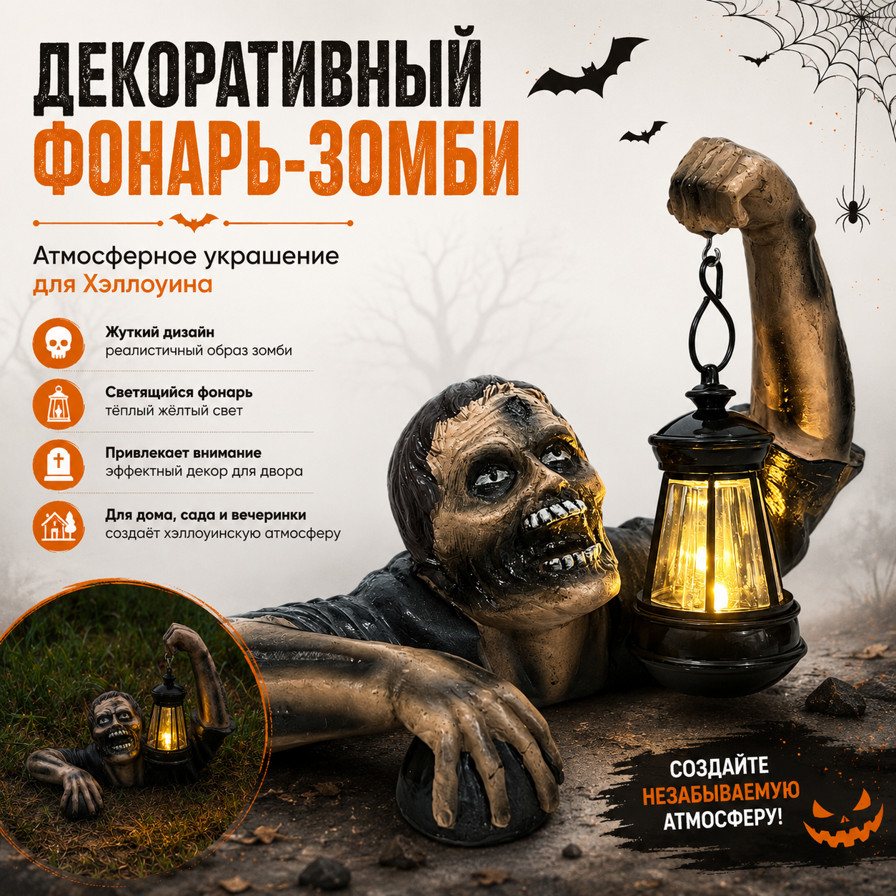 Светящаяся фигура зомби с фонарём для Хэллоуина, декоративное украшение для сада, газона, двора и вечеринки, 1 шт.