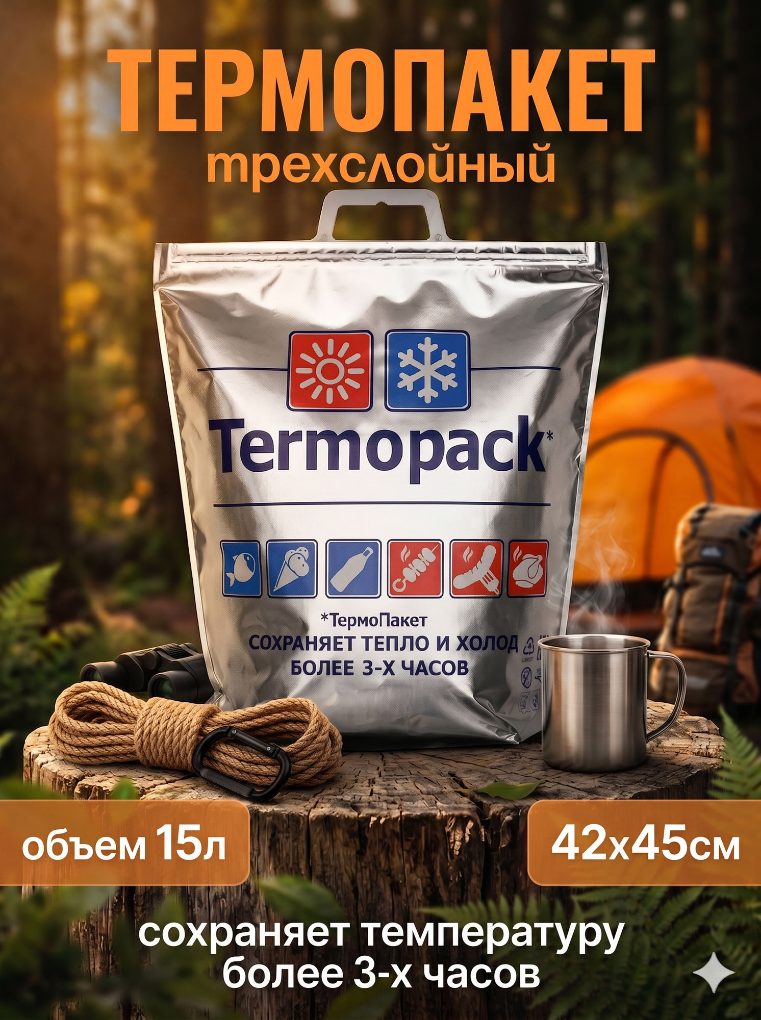 Термопакет трёхслойный, 42×45 см (внеш. ПВД/внутр. метал.), для еды, холодных и горячих продуктов