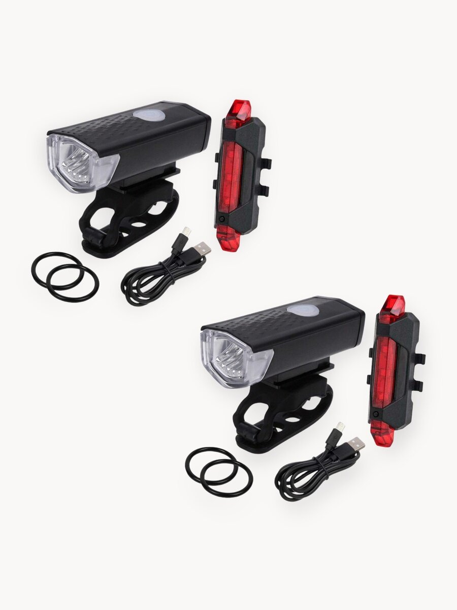 Фонарь велосипедный со встроенным аккумулятором и USB кабелем, велофонарь передний и задний, 2 шт