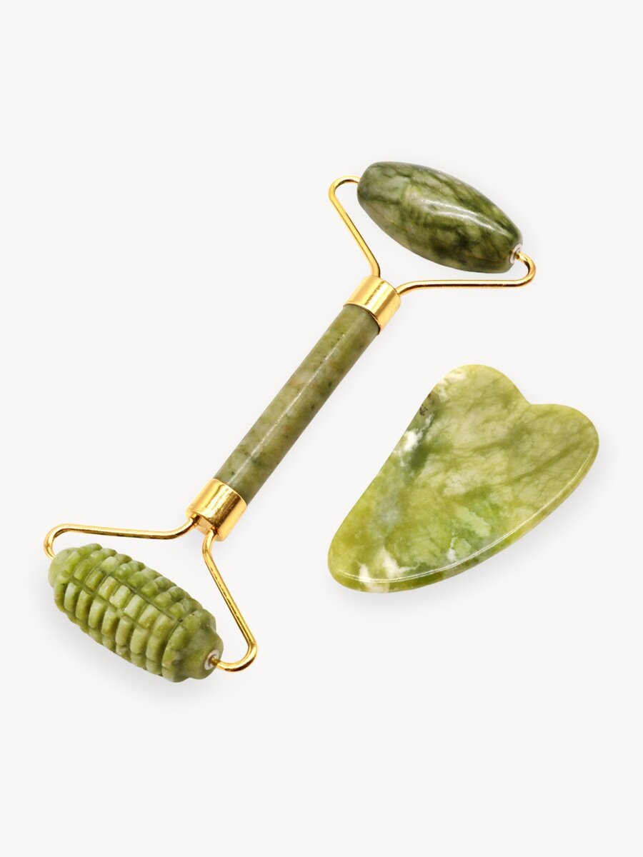 Нефритовый массажный набор гуаша Boomshakalaka, мезороллер и скребок гуаша, роллер и скребок, массажер для лица