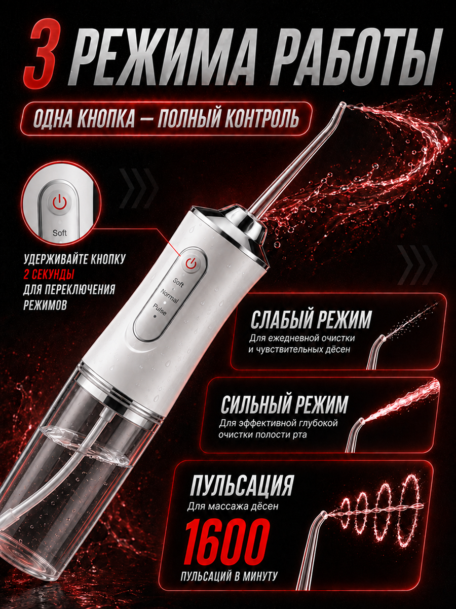 Портативный ирригатор для зубов и десен, 3 режима работы, 4 насадки