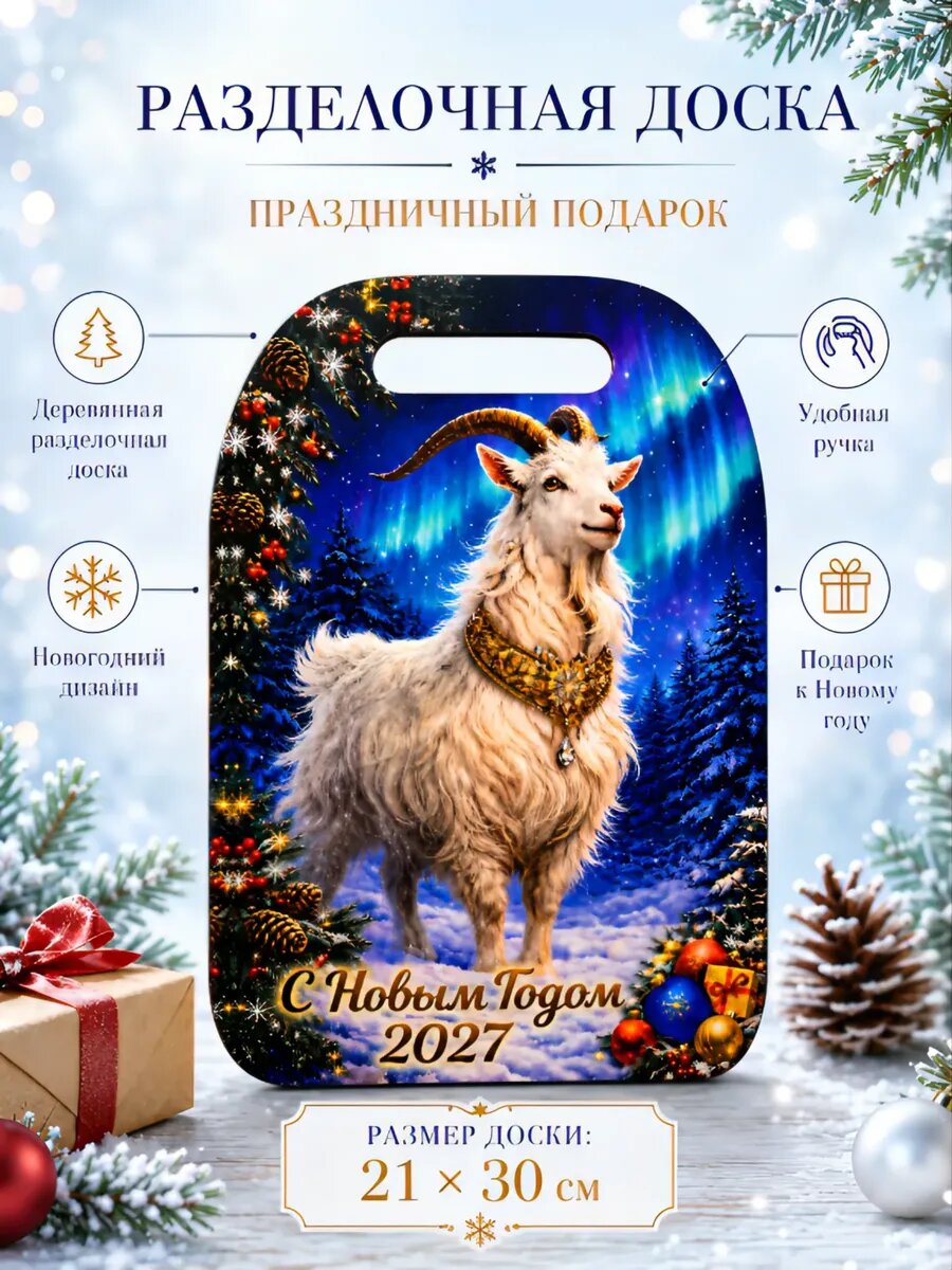 Разделочная доска "Коза 2027", новогодняя, 21x30 см, берёзовая фанера