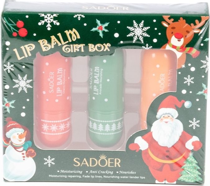 Косметический набор подарочный Sadoer / Садоер MERRY CHRYSTMAS бальзамы для губ в новогодней упаковке Lip balm gift box со вкусом вишни, авокадо и мёда, 3шт. по 3.8г / уход за кожей