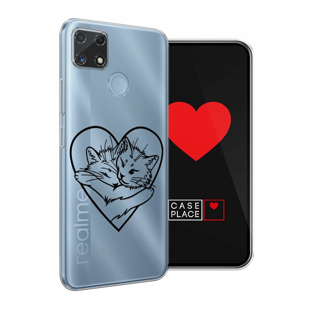 Чехол на Realme C25/C25s / Реалми С25/C25s с принтом "Влюблённые котики рисунок 3 - 14 февраля", прозрачный — фото 1