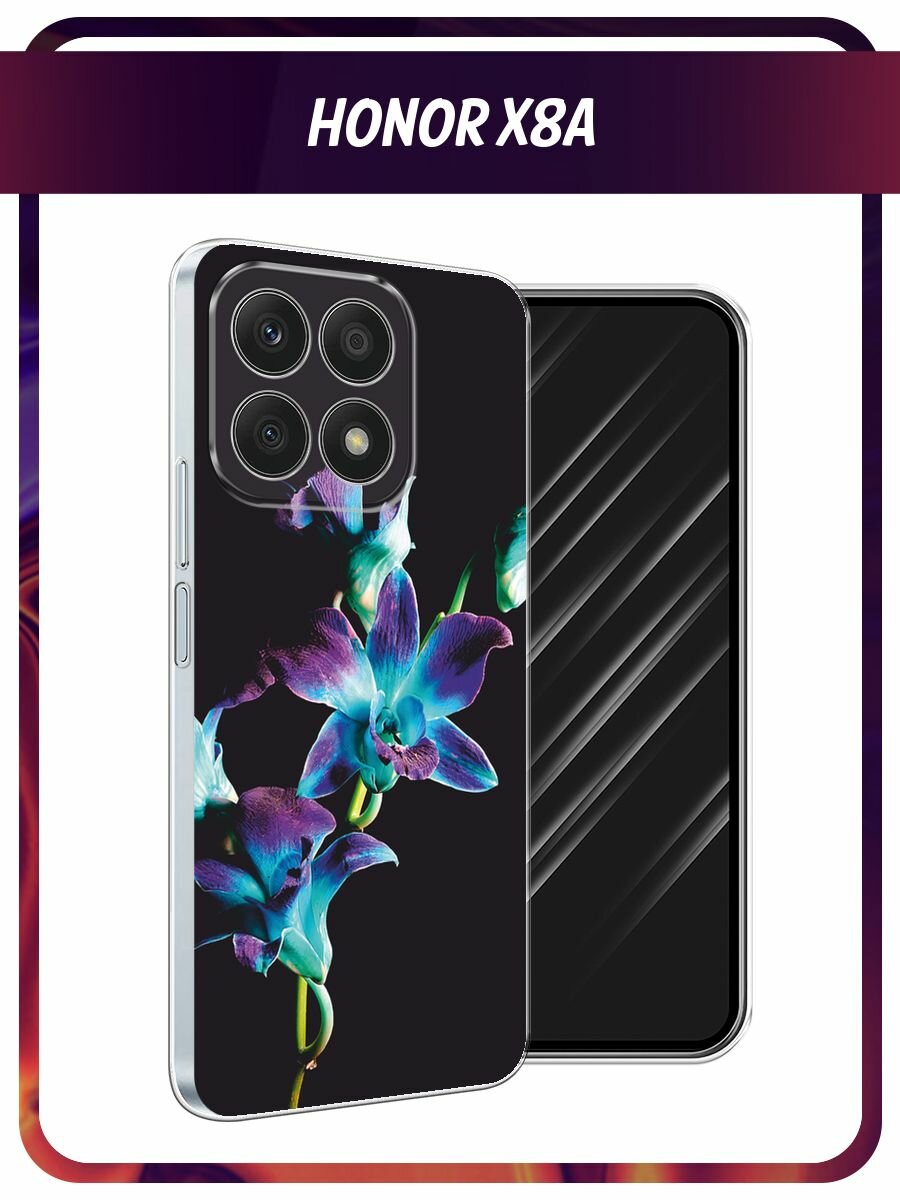 Чехол на Honor X8A / Хонор X8A с принтом "Синий цветок на черном"
