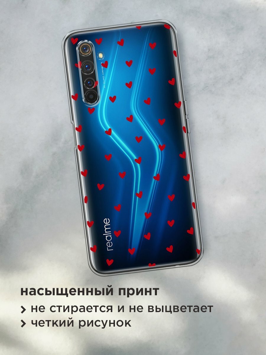 Чехол на Realme 6 Pro / Реалми 6 Про с принтом "Red hearts", прозрачный — фото 1