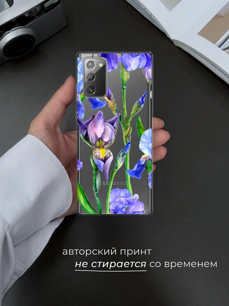 Чехол на Samsung Galaxy Note 20 / Самсунг Галакси Ноут 20 с принтом "Синие ирисы", прозрачный — фото 1