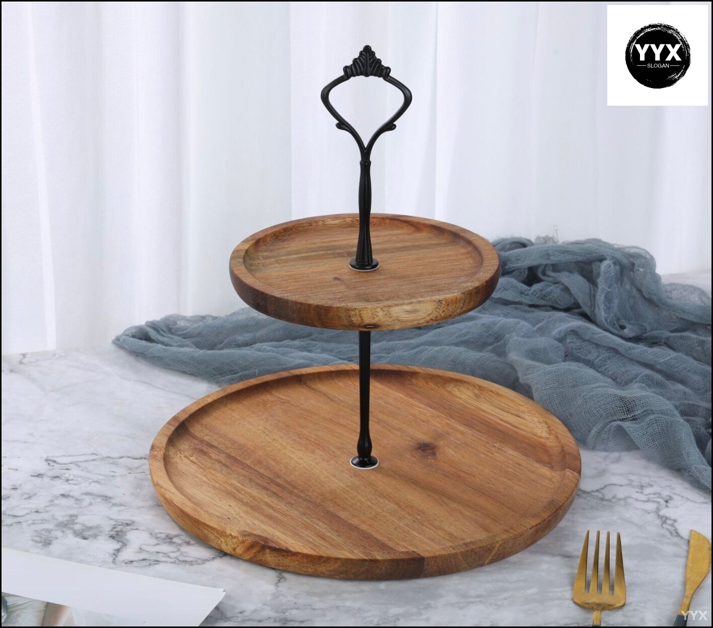 Поднос MyPads M-226138, деревянный, двухъярусный, круглый, черный