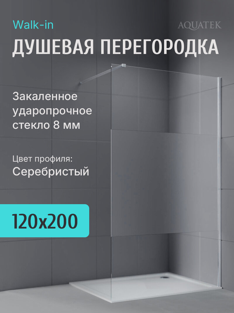 Душевая перегородка Aquatek 120 см. профиль серебро, стекло прозрачное/матовое