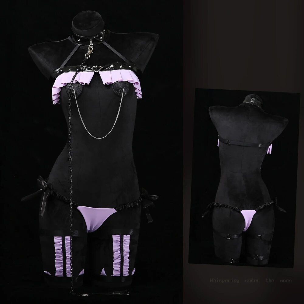 AniLV: Нежный комплект эротического белья «Кошечка» – розовая униформа горничной, Черный, фиолетовый