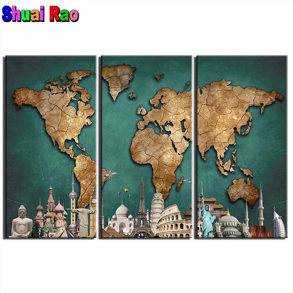 Алмазная живопись триптих карта мира square 35x70cmx3pcs