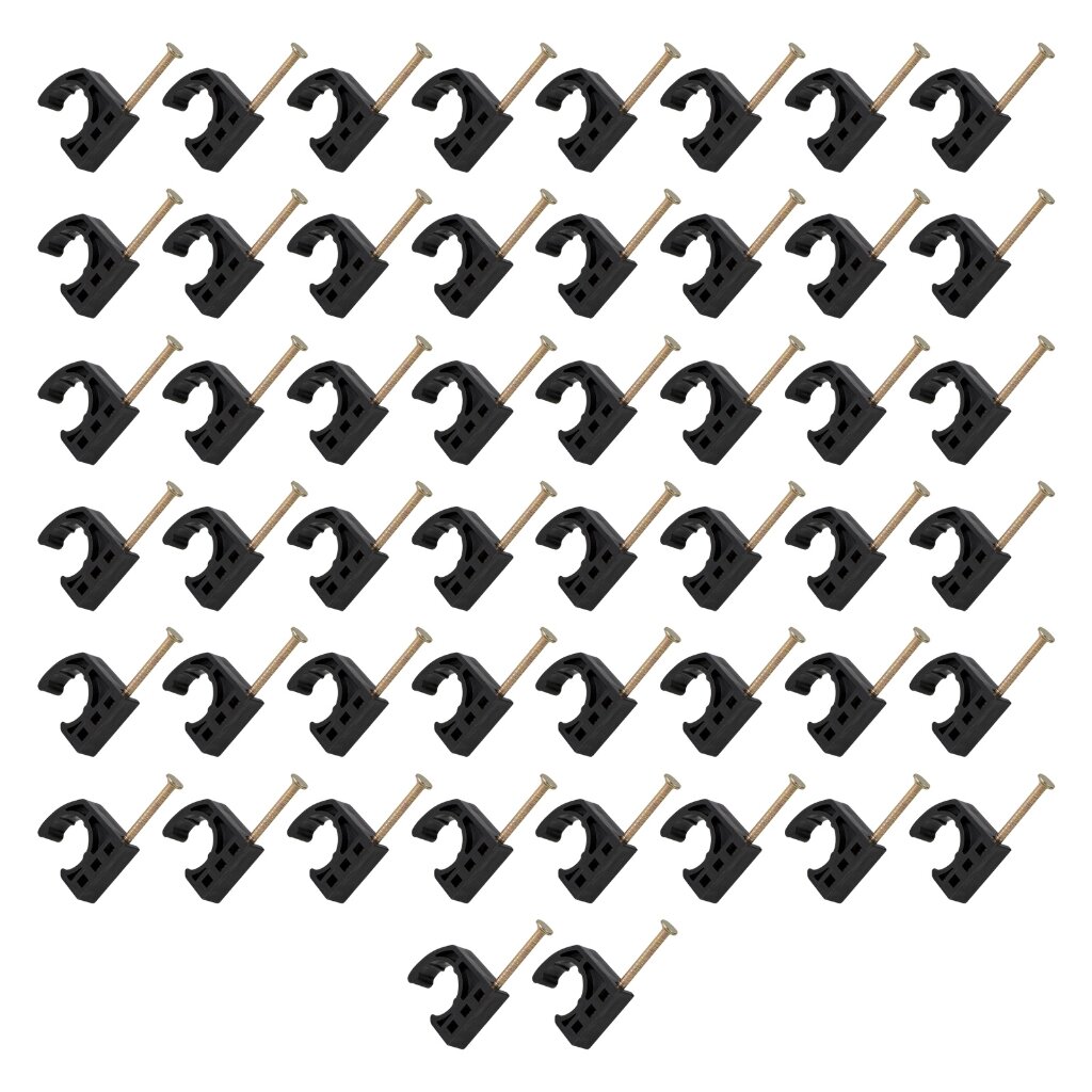 В упаковке 50 1/2-метровых креплений для труб с крючками из полимерной стали для металла PEX и ХПВХ.