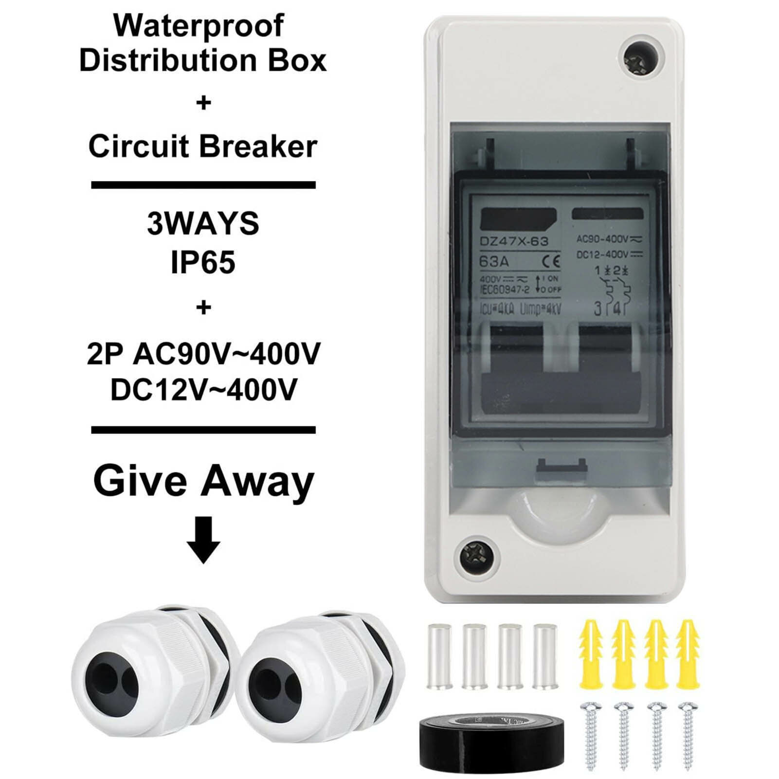 Миниатюрный автоматический выключатель постоянного тока 2P 63 А, разъединитель-разъединитель для солнечной фотоэлектрической системы, постоянный ток 12–400 В, переменный ток 90–400 В