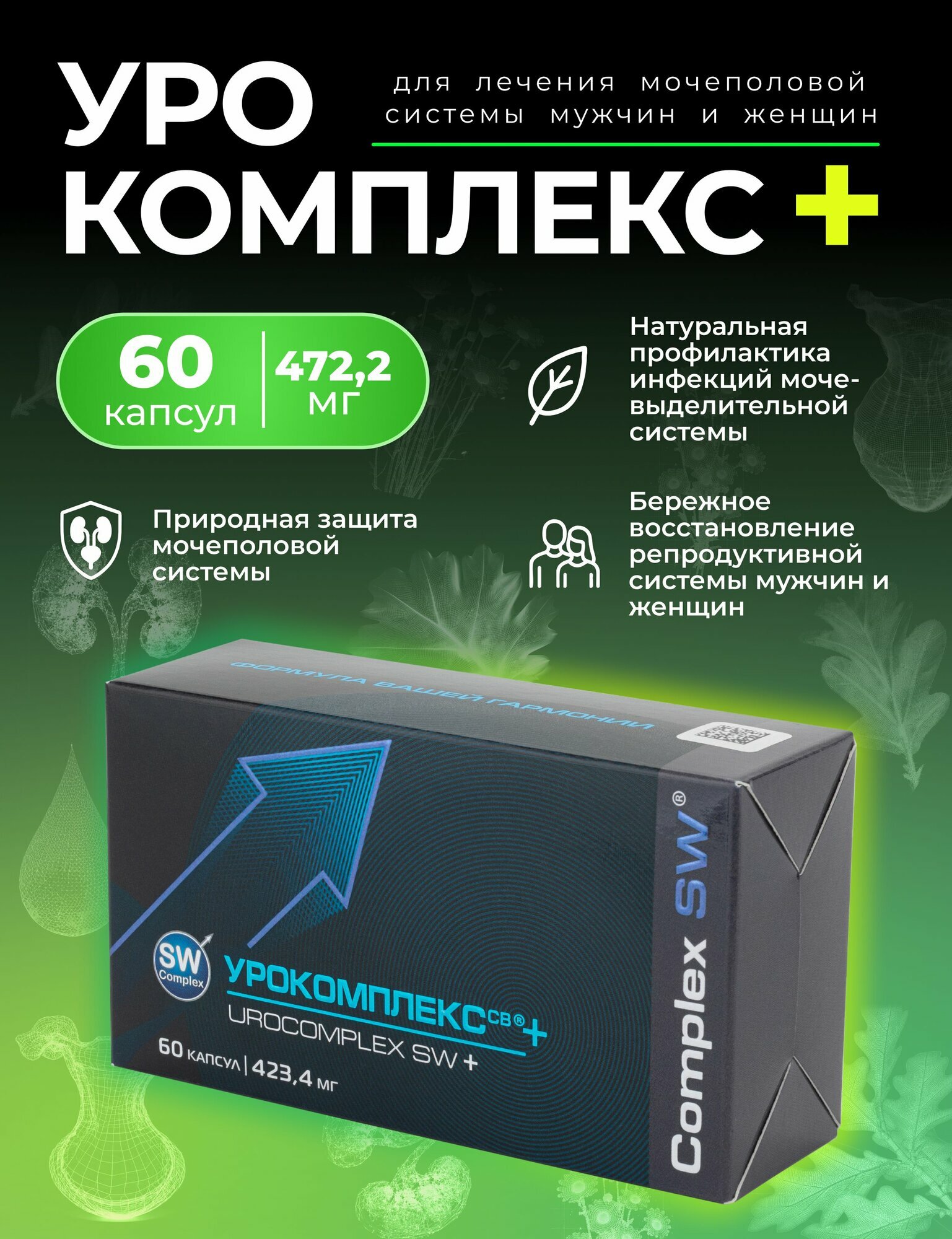 Урокомплекс+ БАД 60 капсул для мочеполовой системы мужчин и женщин пальма сабаль, тыква, цинк, селен для простаты, почек, при простатите, цистите, уретрите