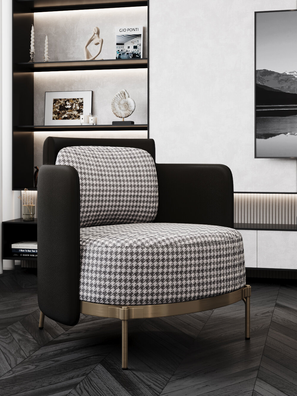 Кресло дизайнерское ROBUSTO GRANDE гусиная лапка и экокожа с подлокотниками. Размер 81х42х70х75