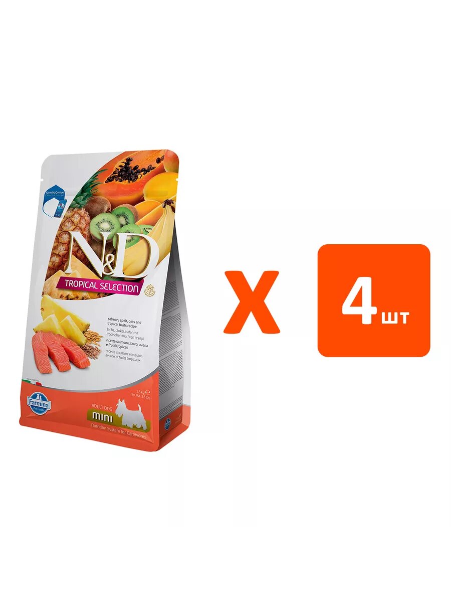 Корм сухой Farmina Dog N&D Tropical Selection Adult Mini Salmon низкозерновой для взрослых собак маленьких пород, лосось, спельта, овес, тропические фрукты, 1,5 кг 4 шт