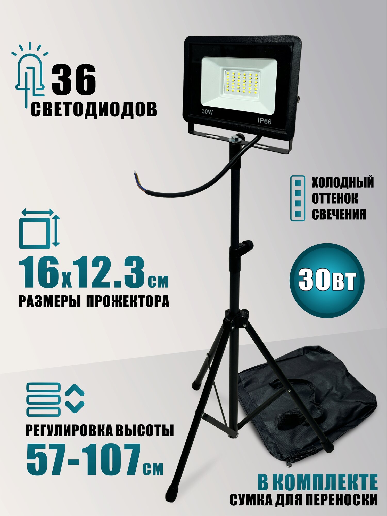 Светодиодный прожектор 30 Вт, 6500K, с сумкой, на штативе.