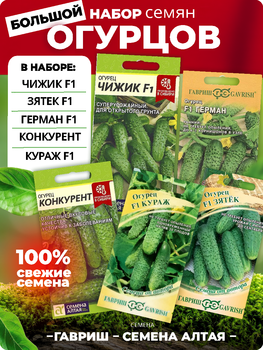 Семена огурцов для огорода ассорти №7 (Кураж, Герман, Зятек, Чижик, Конкурент)