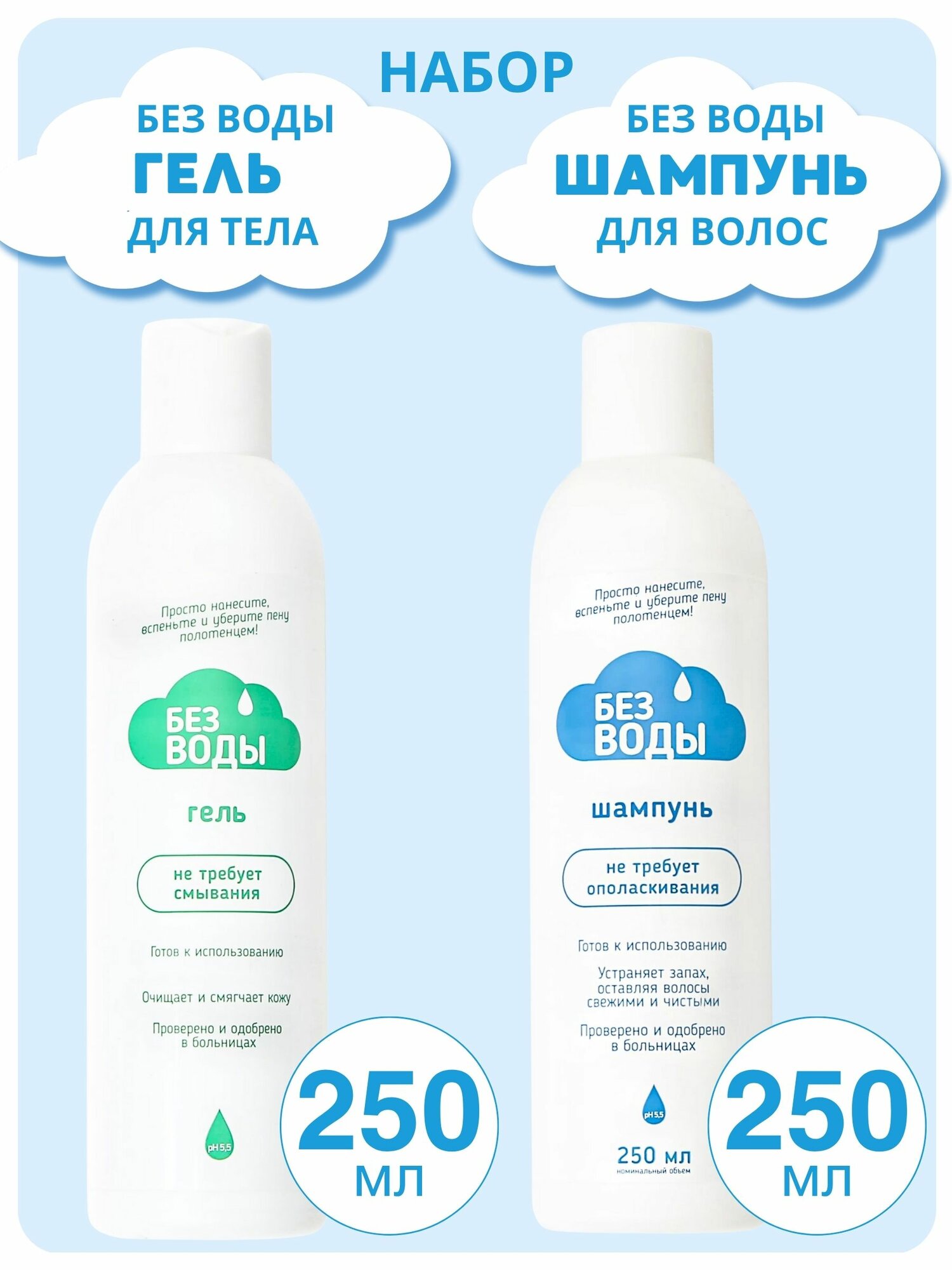 Комплект гель для тела и шампунь для мытья волос «без воды» 250 мл