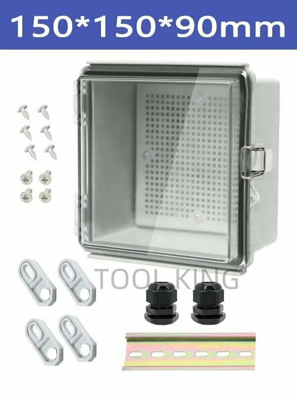 ABS Электрическая коробка, Водонепроницаемая прозрачная крышка IP67, Распределительная коробка с защелкой из нержавеющей стали, Настенные кронштейны, Кабельные вводы, Направляющий брус,150x150x90 мм