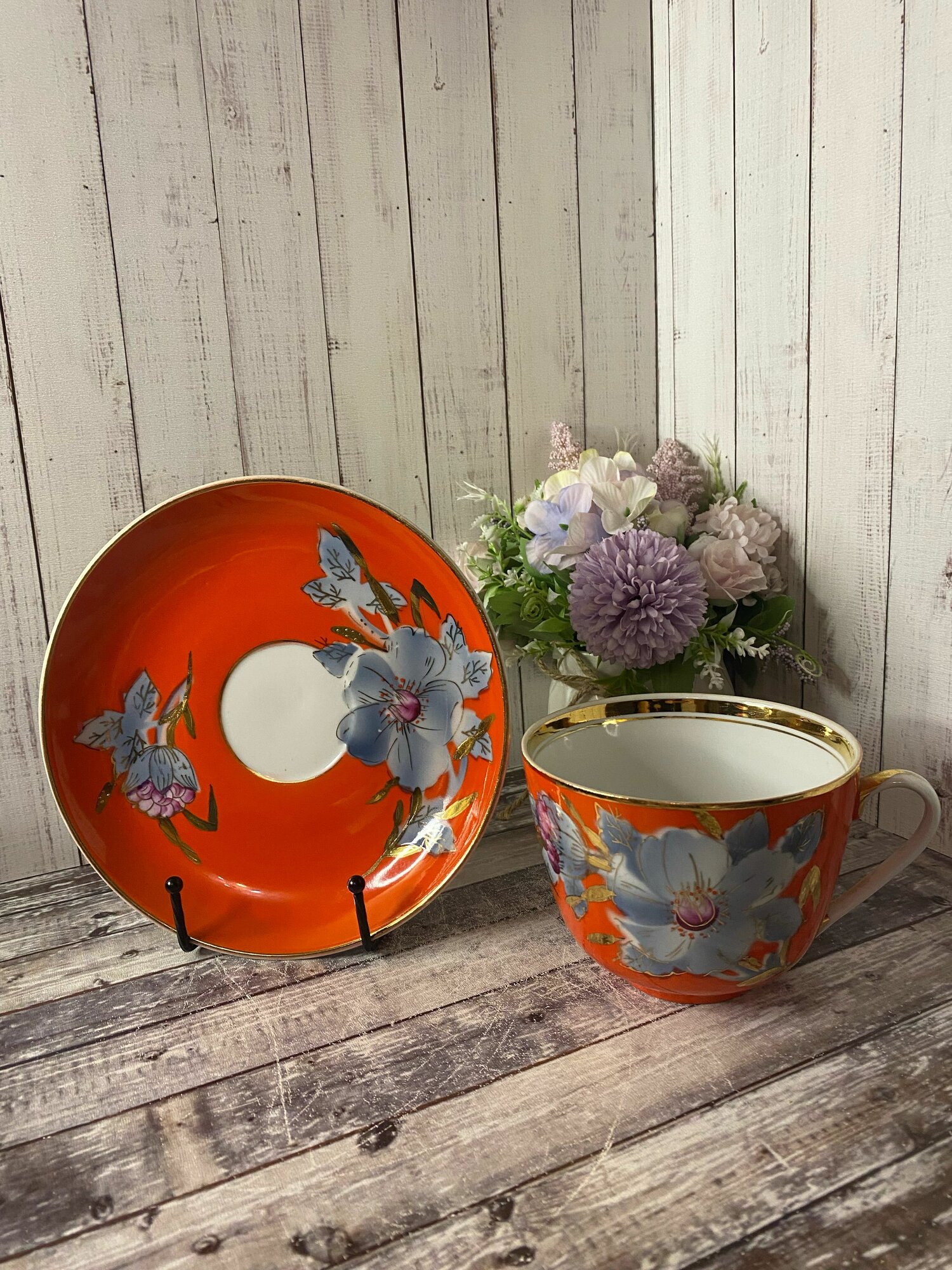 Чайная пара СССР гигант Мальва Барановка, 500 мл, фаррфор, гравировка