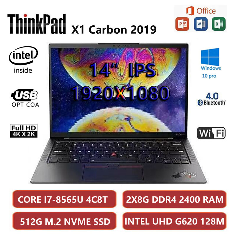 ноутбук 14" Lenovo Thinkpad X1 Carbon 2019 ( Intel CORE i7-8565U+2X8G DDR4 RAM+512G NVME SSD +1080 IPS+INTEL UHD 620 Видеокарта ) Win 10 pro