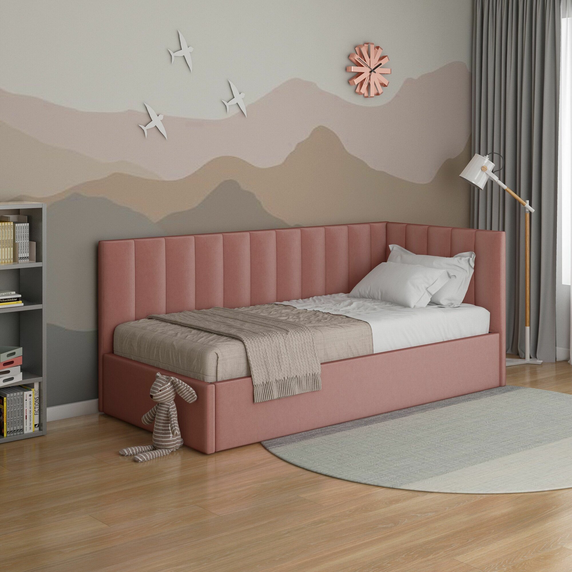 Кровать детская Агата с подъемным механизмом, спальное место 90х200см, обивка велюр, бельевой короб, подростковая, Bingo mauve