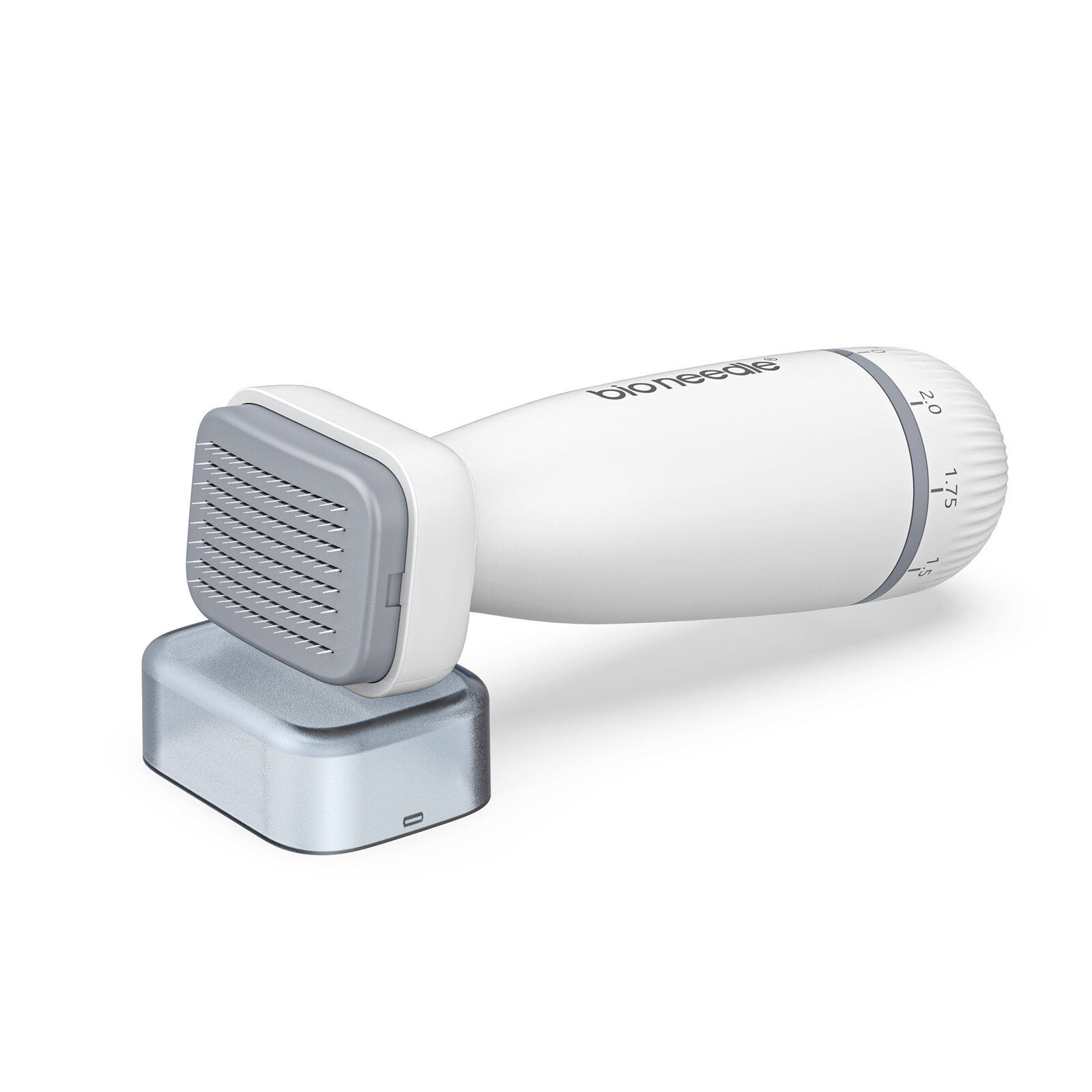 Микроножной дерма-штамп-роллер с регулируемой длиной 0~2.0мм, 120 титановых игл, для лица, волос, бороды, белый цвет, материал ручки ABS, материал картриджа нержавеющая сталь, вес упаковки 120г, размер упаковки 150*53*30мм, в комплект входят 1 роллер и 1