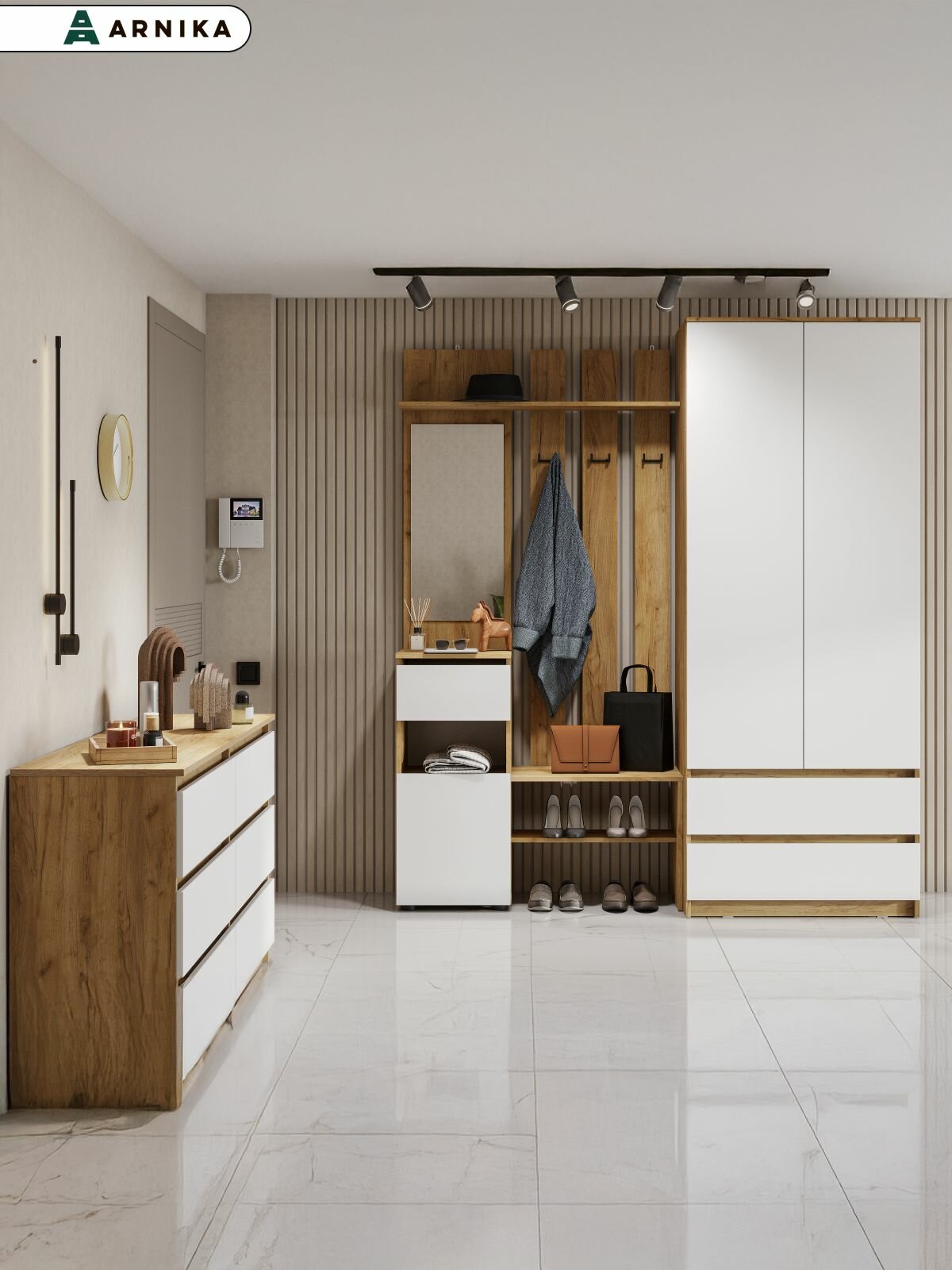 ARNIKA Прихожая ARNIKA , вешалка с зеркалом 2,6м, Дуб золотой; Белый