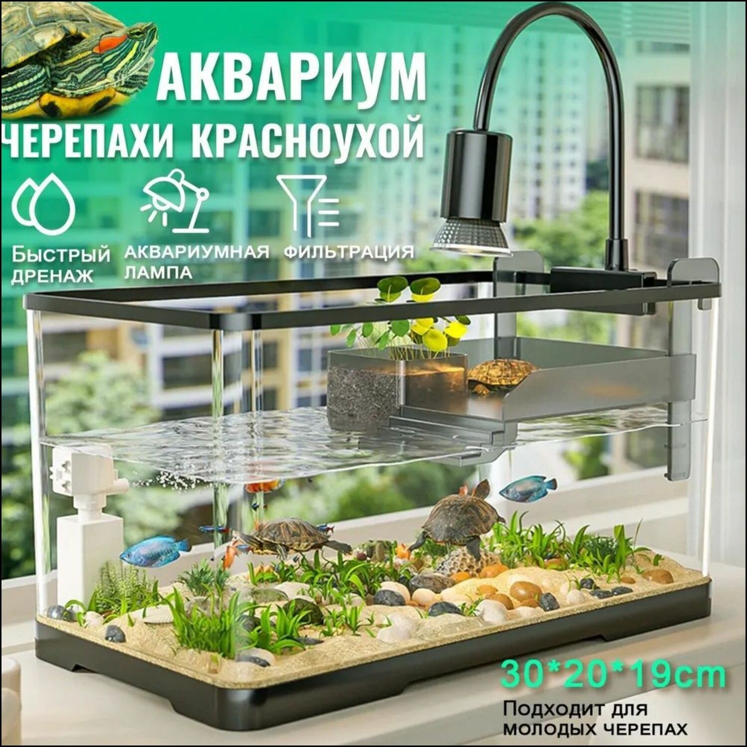 Аквариумный комплект премиум для черепахи красноухой 30x20x20 см, укомплектованный светильником и фильтром