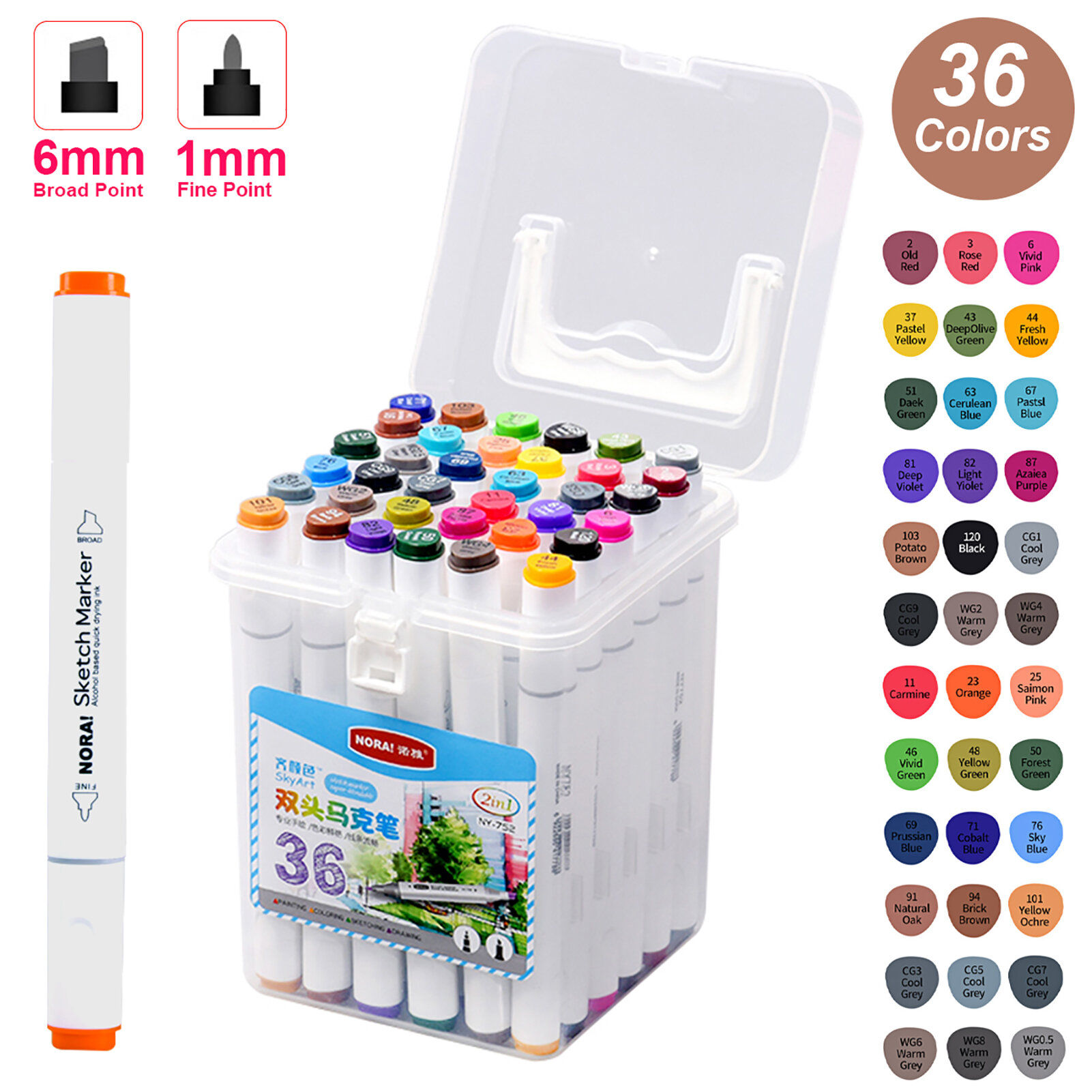 36 Colors Art Markers Set Dual Heads Broad 6mm Fine Point 1mm Alcohol Based Marker Pens with PP Storage Box for Children Students Adults Professionals Beginners Artists Designers Drawing Coloring Sketching