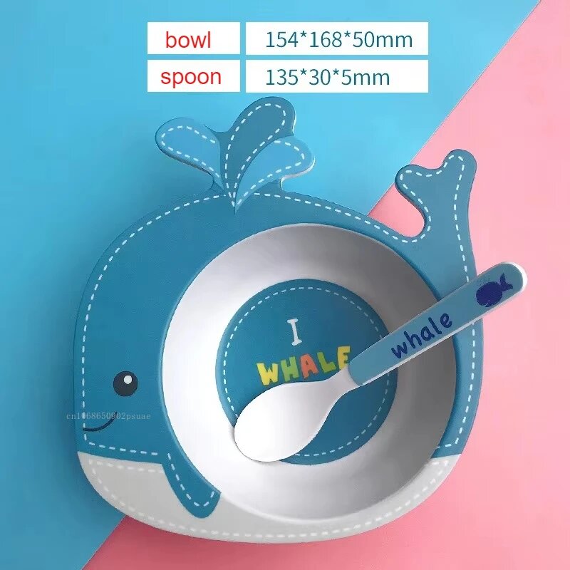 MOONBIFFY Детские тарелки из бамбука с мультяшками 3-6 лет Голубой, Whale bowl spoon