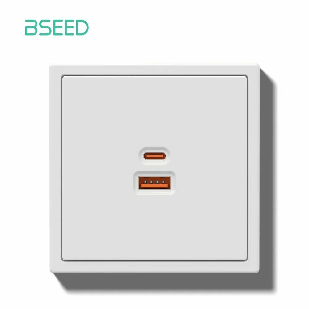 Сетевая розетка BSEED Grand E-series с USB 65W (Type-A + Type-C), пластиковая рамка, 80 мм белая