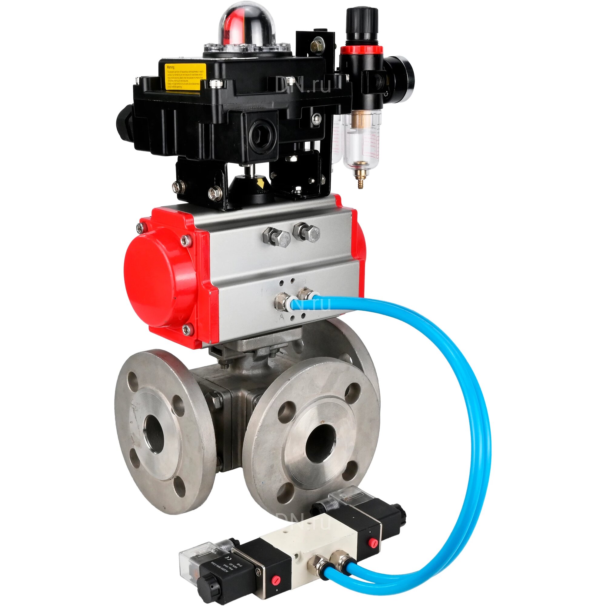 Кран шаровой DN.ru 316-316-PTFE Ду40 Ру16 полнопроходной, тип L, фланцевый, корпус нержавеющая сталь SS316, ISO-фланец F05/F07 квадрат 14х14, с пневмоприводом DA-065, пневмораспределителем PND1-S2EM-52-2-T10-220VAC 220В, БКВ LSB-410-02Ex и БПВ