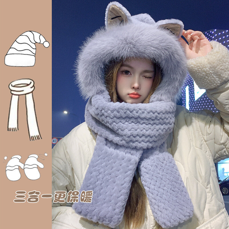 Зимний новый стиль, женская шапка с лисьими ушками, шарф, перчатки, цельный шарф из трех частей, милый плюшевый теплый и ветрозащитный
